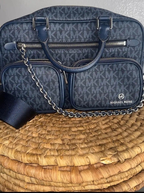 Michael Kors | Bags | Michael Kors Navy Mk Logo Satchel With Chain ...